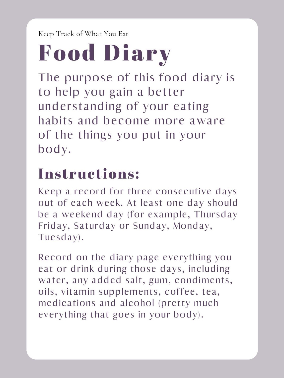 Food Diary, Printable, Printable Daily Food Journal, PDF, Downloadable ...