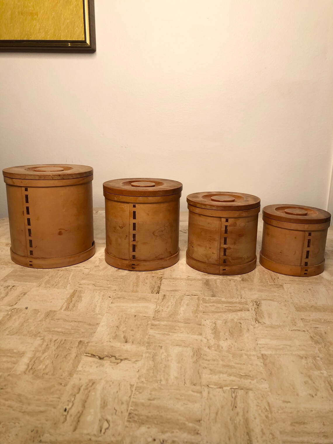 Vintage MCM Wooden Kitchen Canister Set With Barbecue Grill Design. 4 ...