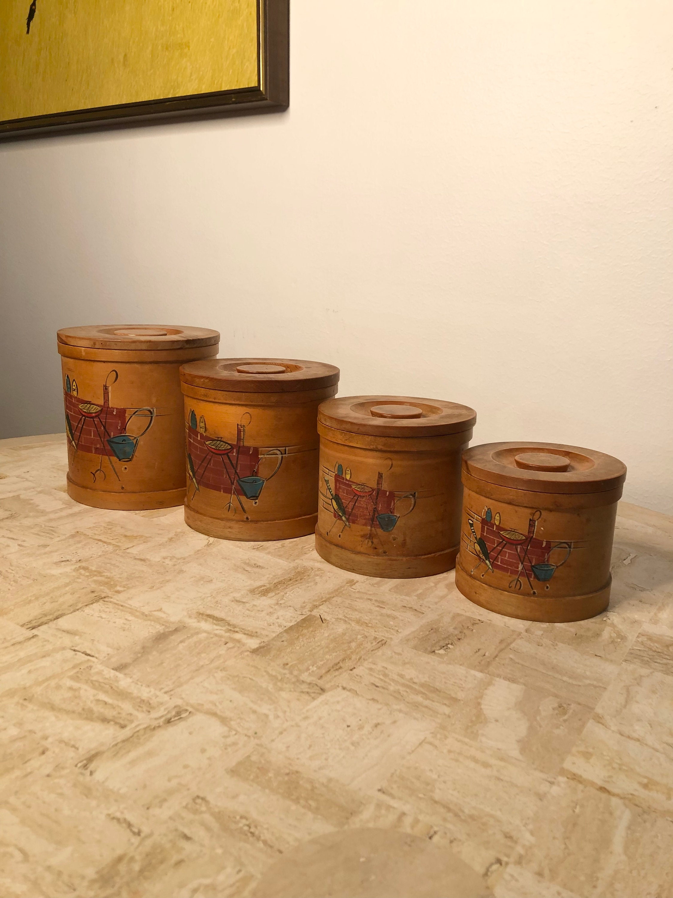 Vintage MCM Wooden Kitchen Canister Set With Barbecue Grill Design. 4 ...
