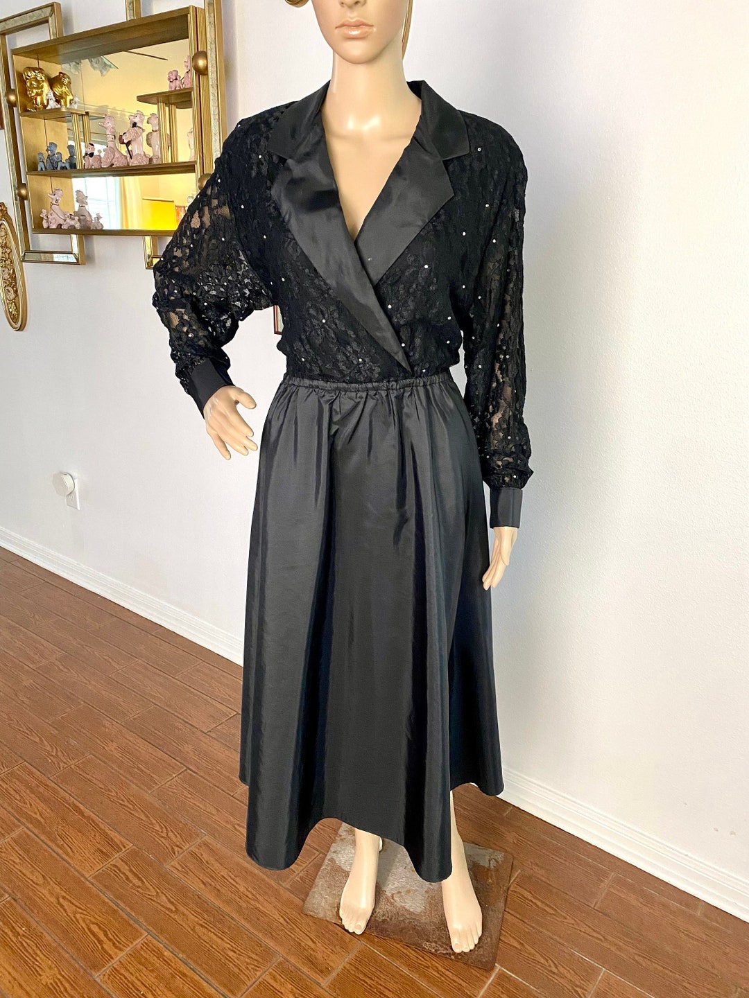 Vintage Halston III Black Lace Dress: Rhinestone Detail, Circle Skirt ...