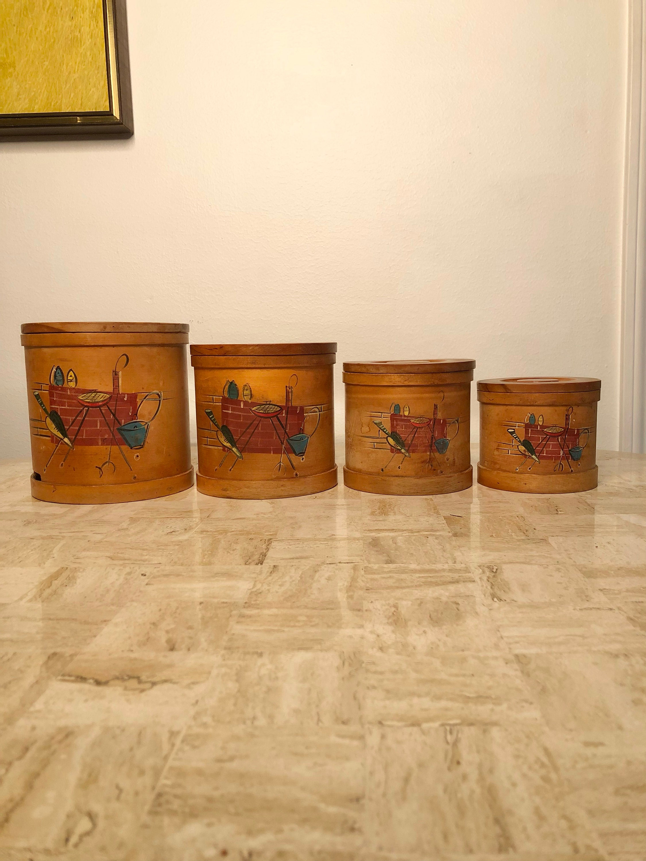 Vintage MCM Wooden Kitchen Canister Set With Barbecue Grill Design. 4 ...