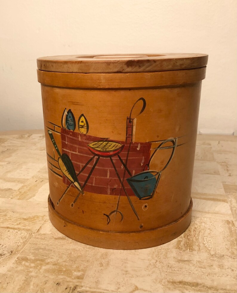 Vintage MCM Wooden Kitchen Canister Set With Barbecue Grill Design. 4 ...