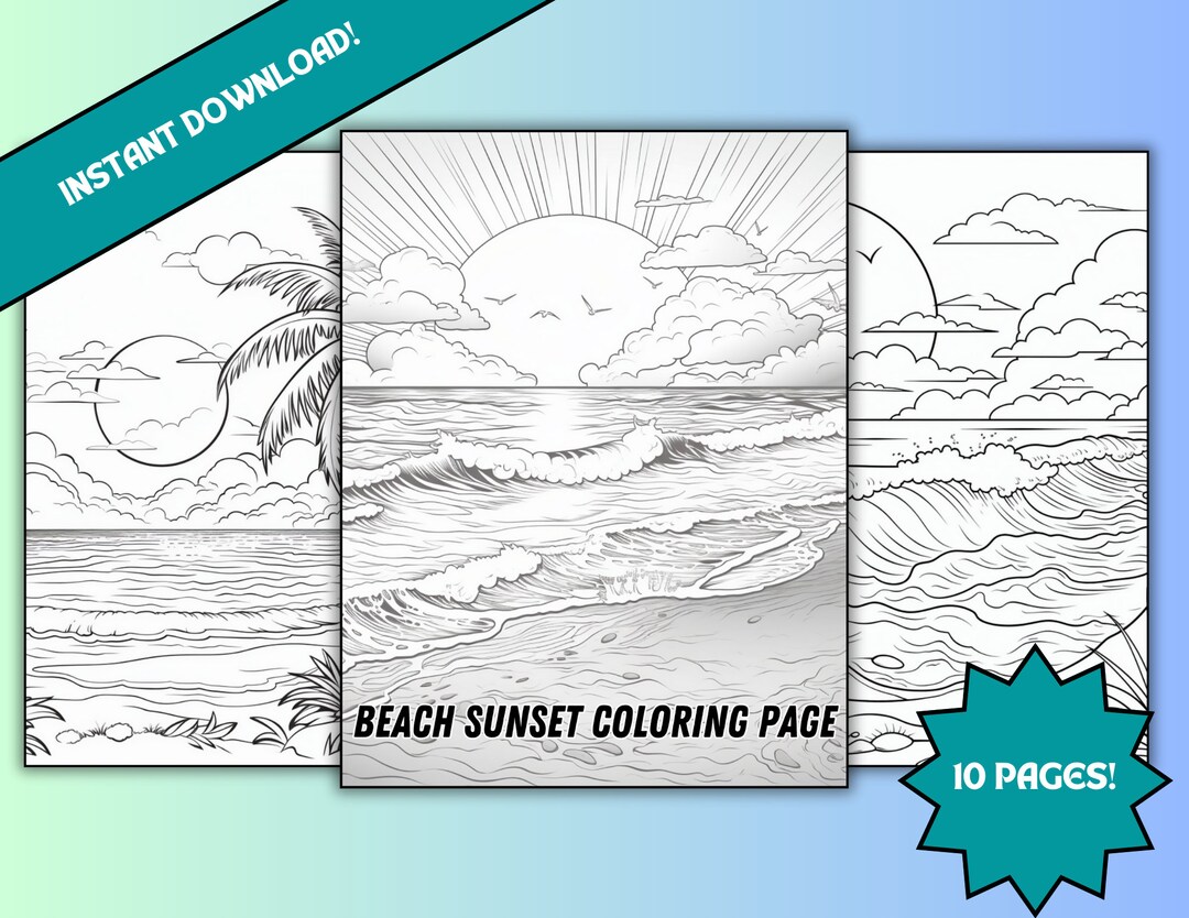 Tranquil Beach Sunset Coloring Pages: Printable Ocean and Sunset Scenes ...
