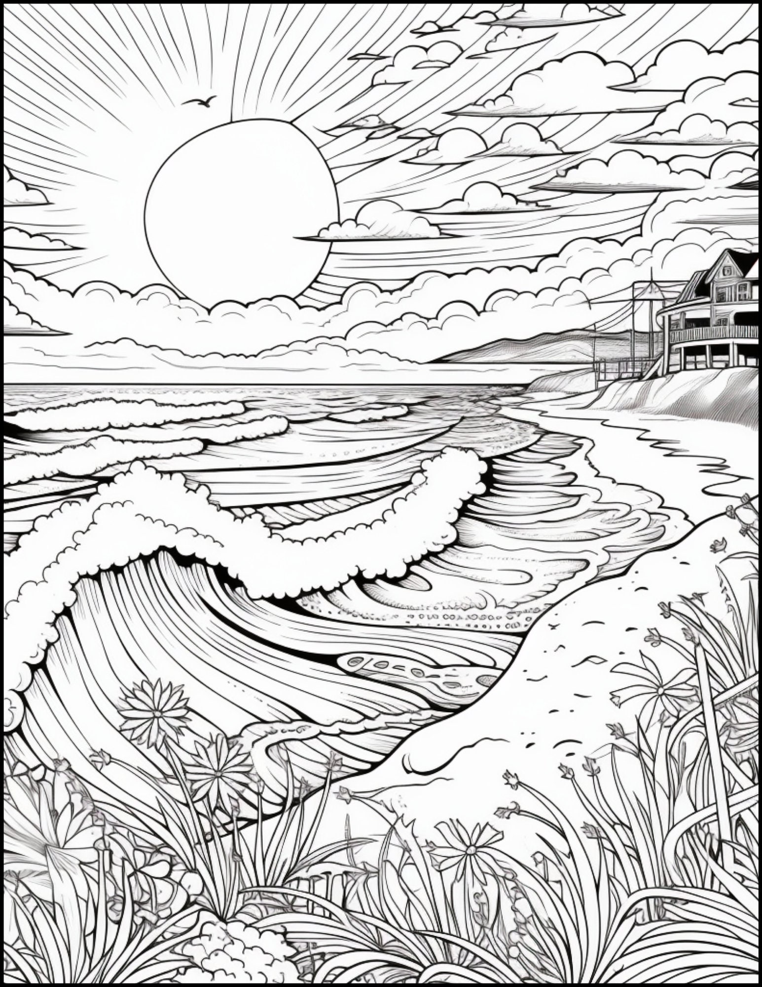 Tranquil Beach Sunset Coloring Pages: Printable Ocean and Sunset Scenes ...