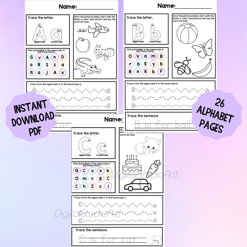 Alphabet Worksheet: 26 Letter Tracing Pages (PDF) - Etsy