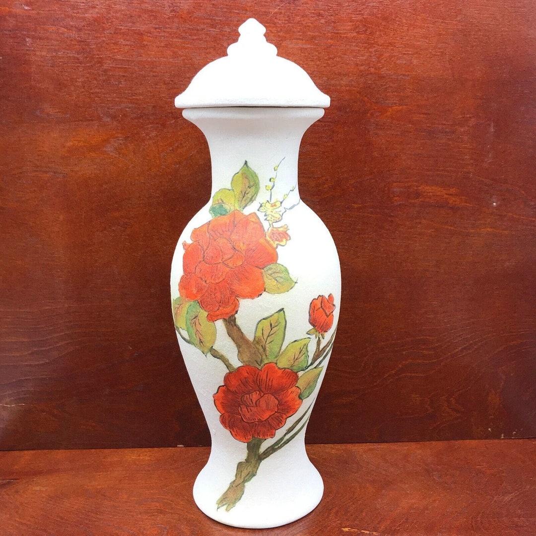 Ceramic Ginger Jar With Lid Hand Painted Orange Flowers Signed Vintage ...