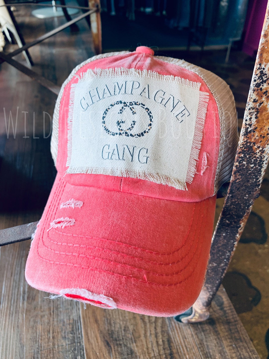 Champagne Gang Leopard Frayed Patch Criss Cross Hat Coral - Etsy