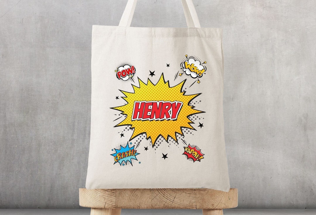 Personalized Kids Name Tote Bag, Comic Superhero Bag, Custom Book Bag ...