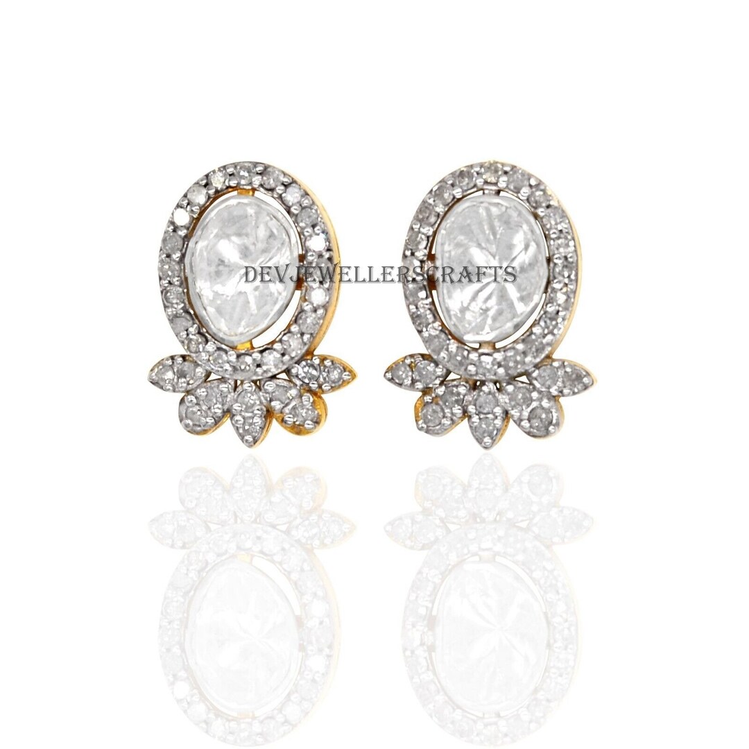 Real Polki Diamond & Single Cut Diamond Stud Earring, 925 Sterling ...