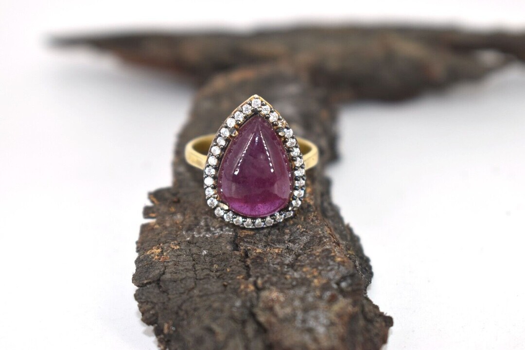 Natural Ruby & Single Cut Diamond Ring, Gold Palted Ring, Gemstone Ring ...