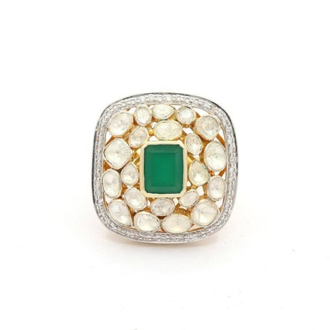 Natural Emerald & Polki, Single Cut Diamond Ring, 925 Sterling Silver ...