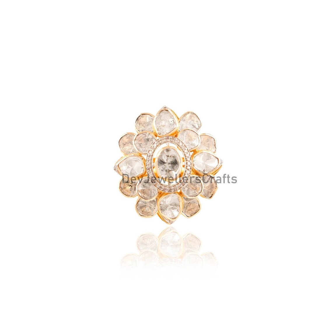Uncut Polki Diamond & Single Cut Diamond Ring, 925 Sterling Silver ...