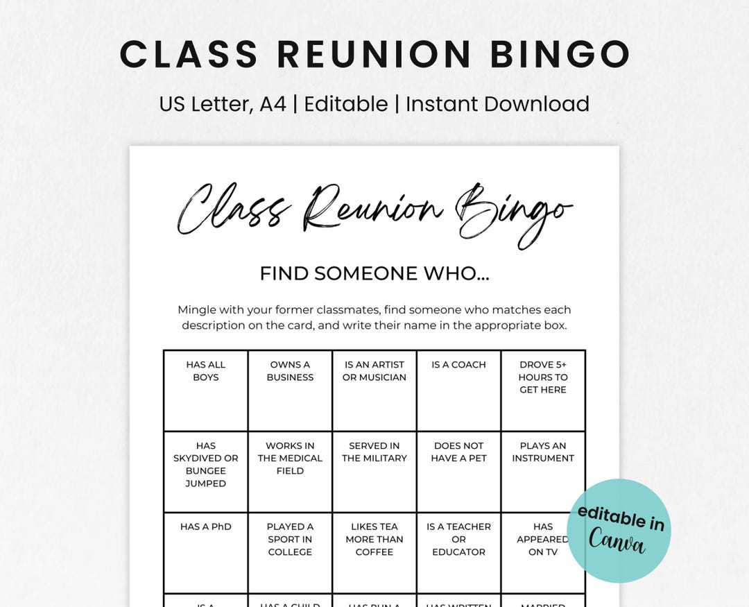 Editable Class Reunion Bingo Game, Class Reunion Bingo, High School ...
