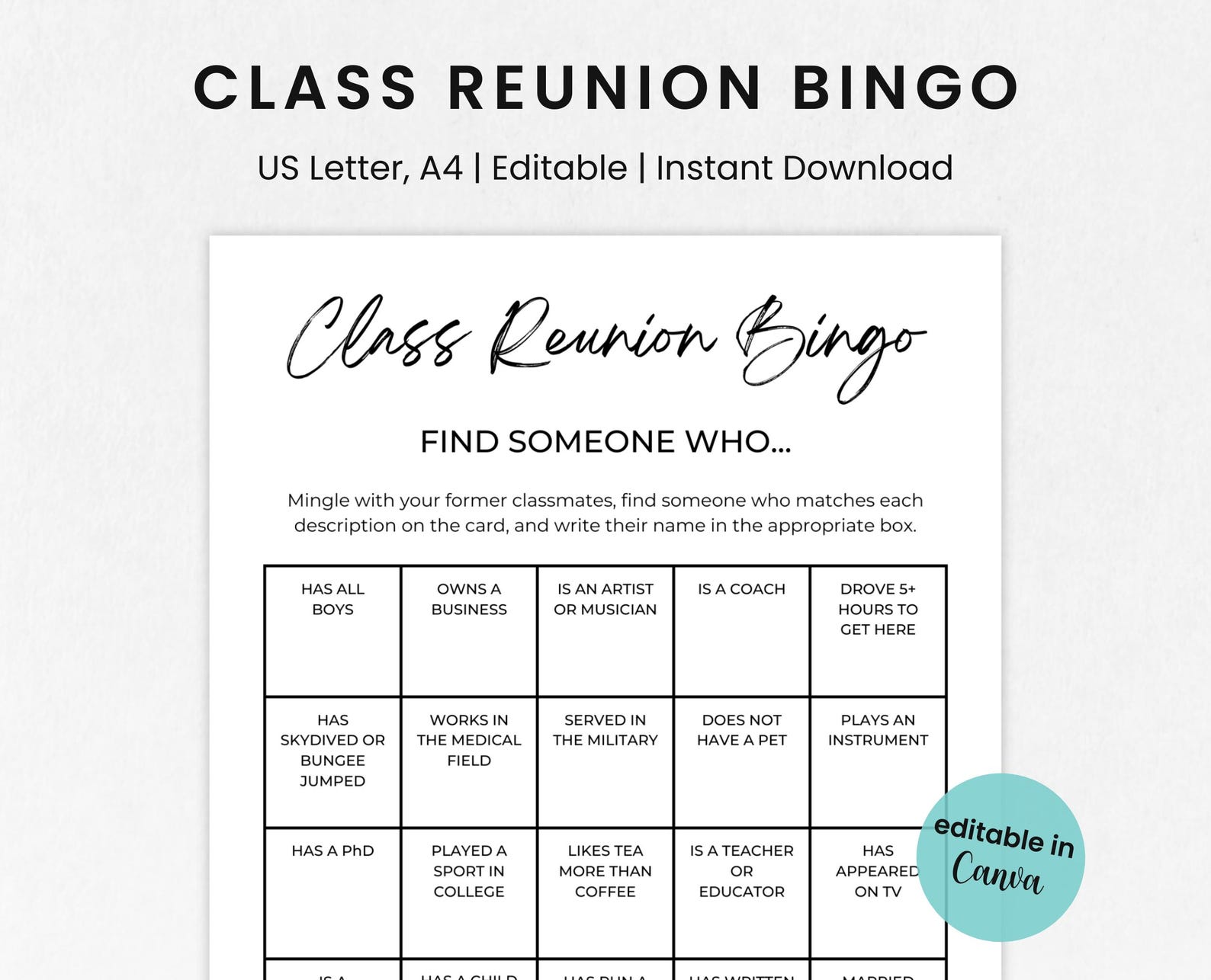 Editable Class Reunion Bingo Game, Class Reunion Bingo, High School ...