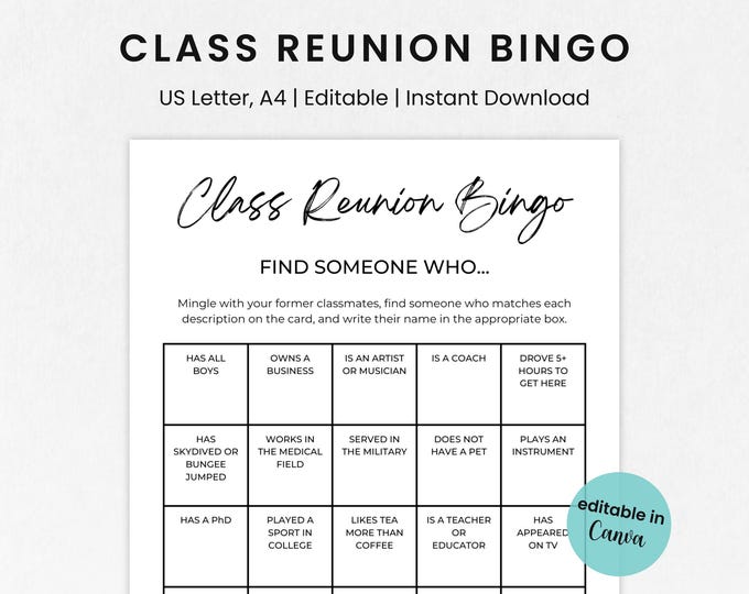 Class Reunion Bingo Game, High School Reunion Bingo, Editable Find the ...