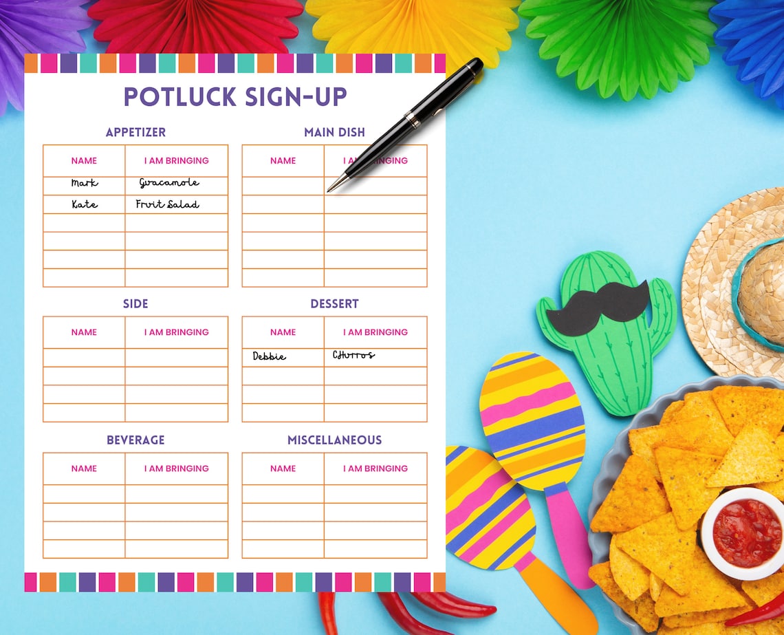 Fiesta Potluck Sign up Sheet, Office Potluck Party Printable, Taco ...