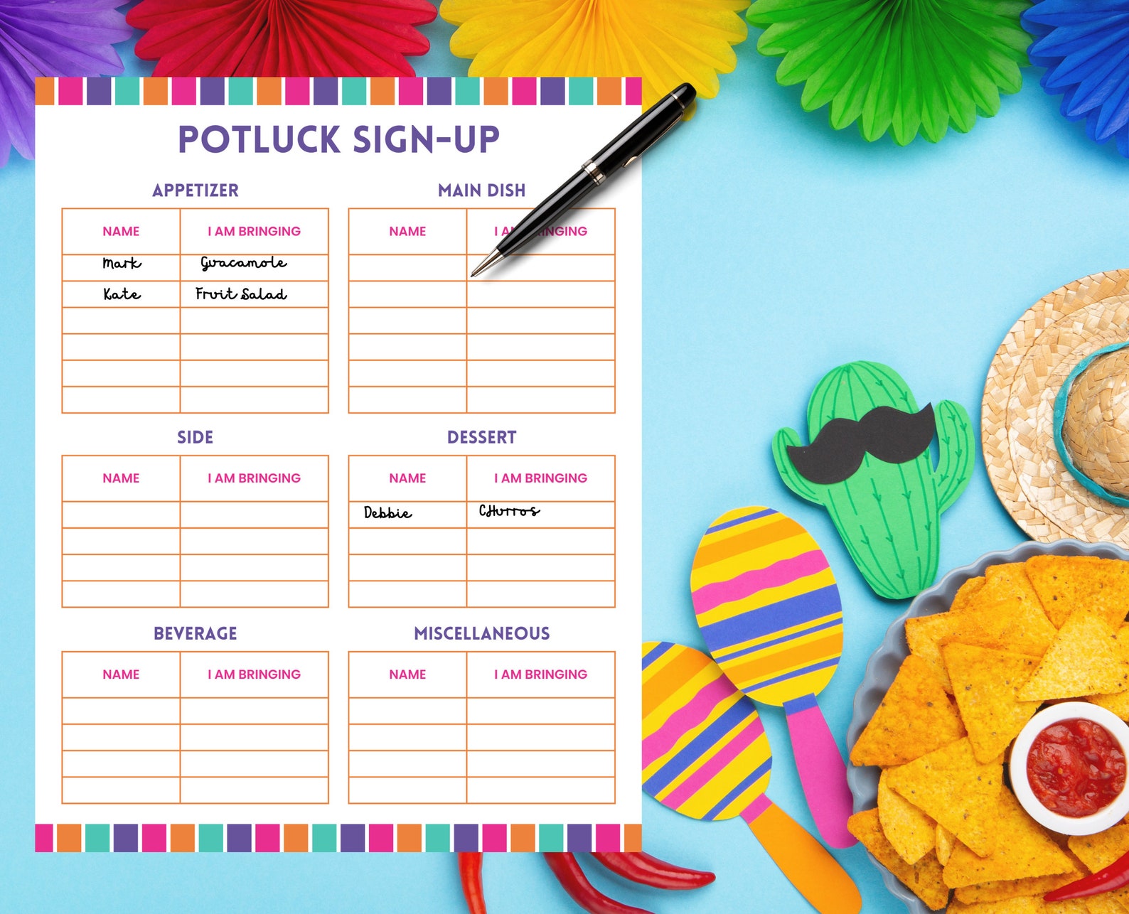 Fiesta Potluck Sign up Sheet, Office Potluck Party Printable, Taco ...