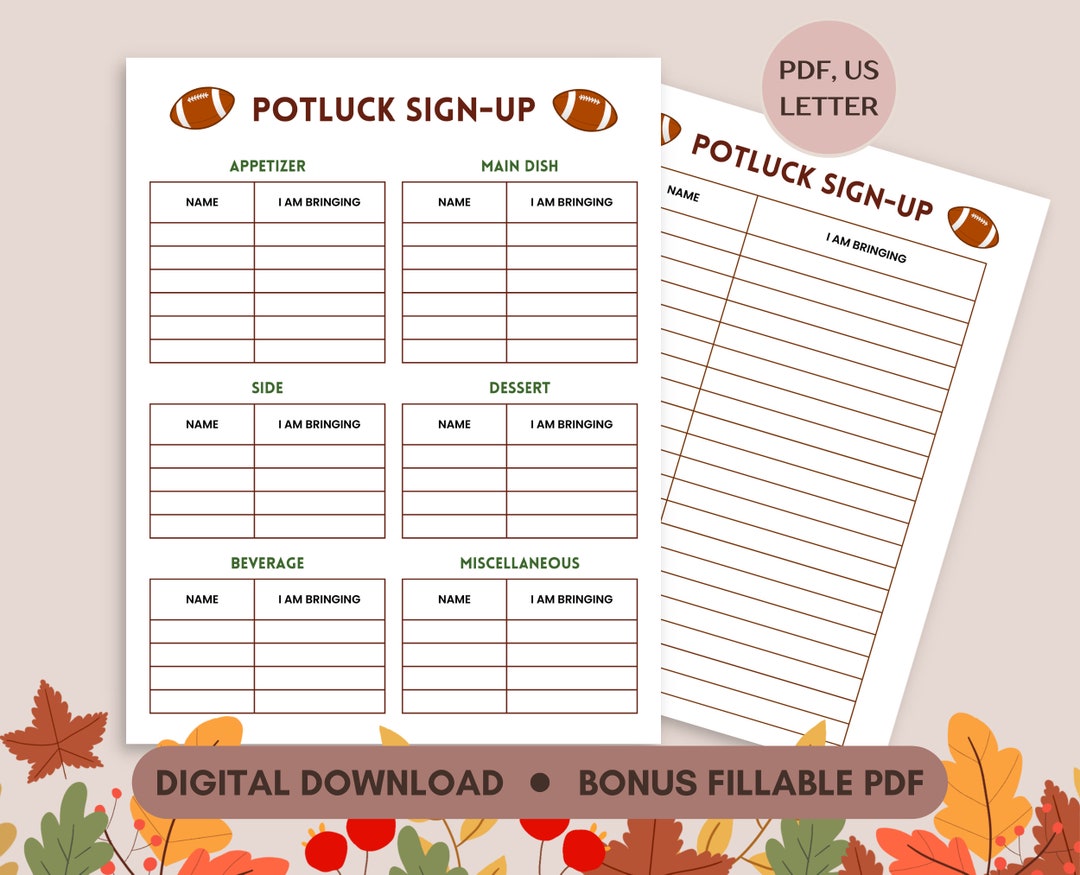 Football Potluck Sign up Sheet, Office Potluck Party Printable, Fall ...