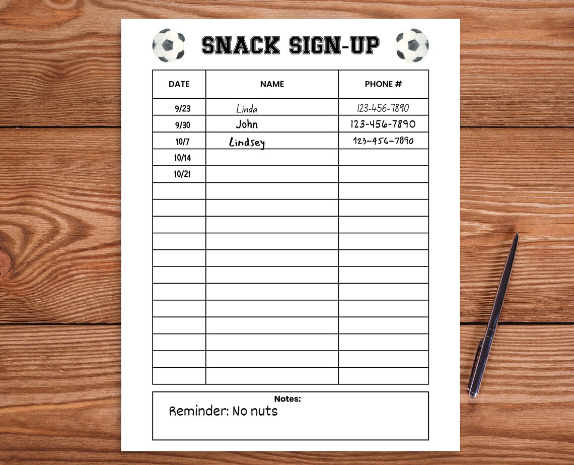 Snack Sign up Sheet Fillable, Soccer Coach Snack Signup Sheet Printable ...