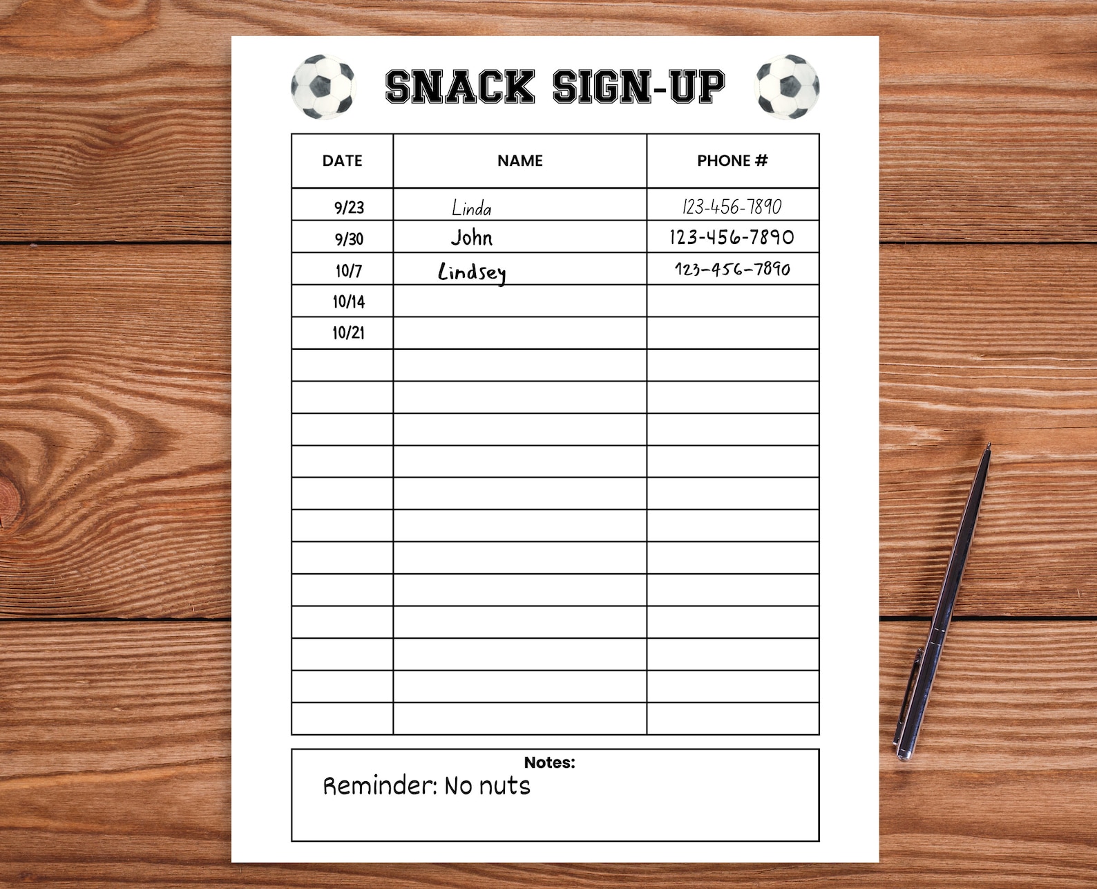 Snack Sign up Sheet Fillable, Soccer Coach Snack Signup Sheet Printable ...