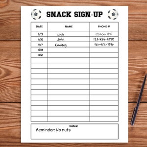 Snack Sign up Sheet Fillable, Soccer Coach Snack Signup Sheet Printable ...