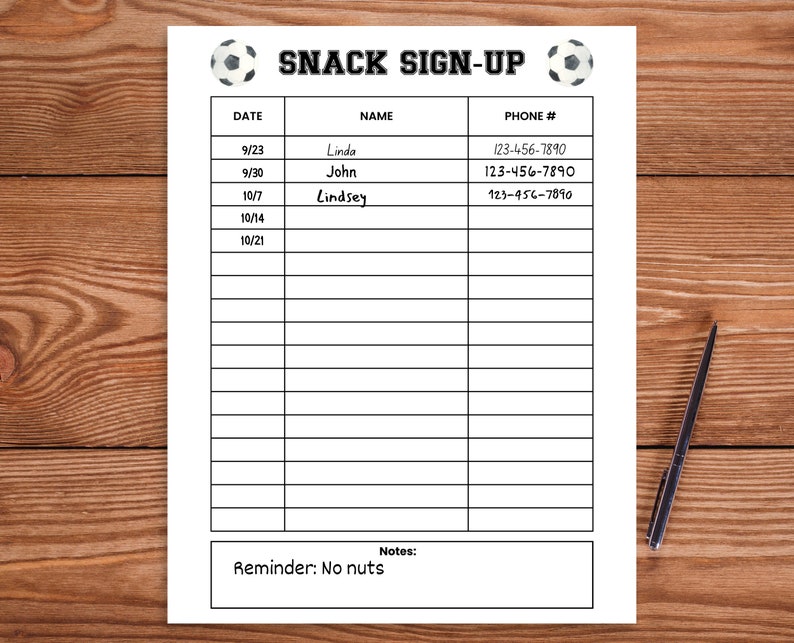 Snack Sign up Sheet Fillable, Soccer Coach Snack Signup Sheet Printable ...