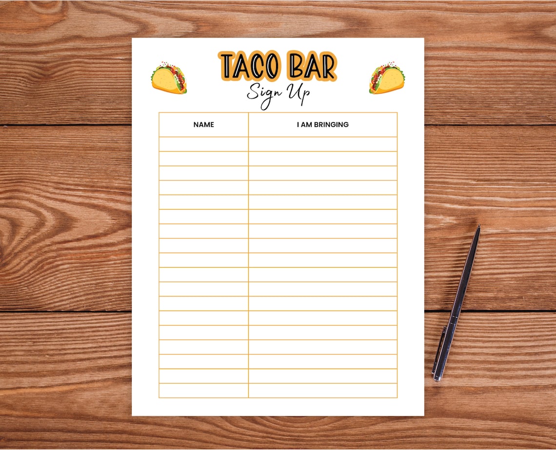 Taco Bar Potluck Sign up Sheet, Office Potluck Party Printable, Taco ...