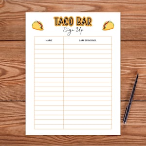 Taco Bar Potluck Sign up Sheet, Office Potluck Party Printable, Taco ...