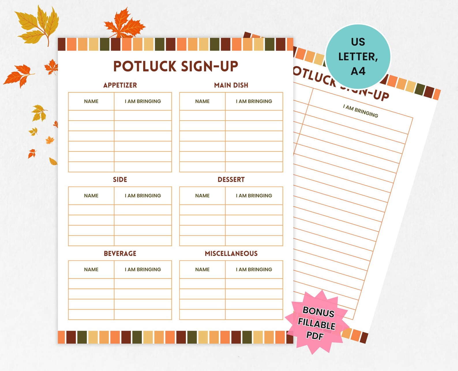 Potluck Sign up Sheet Fillable, Office Potluck Party Printable, Fall ...
