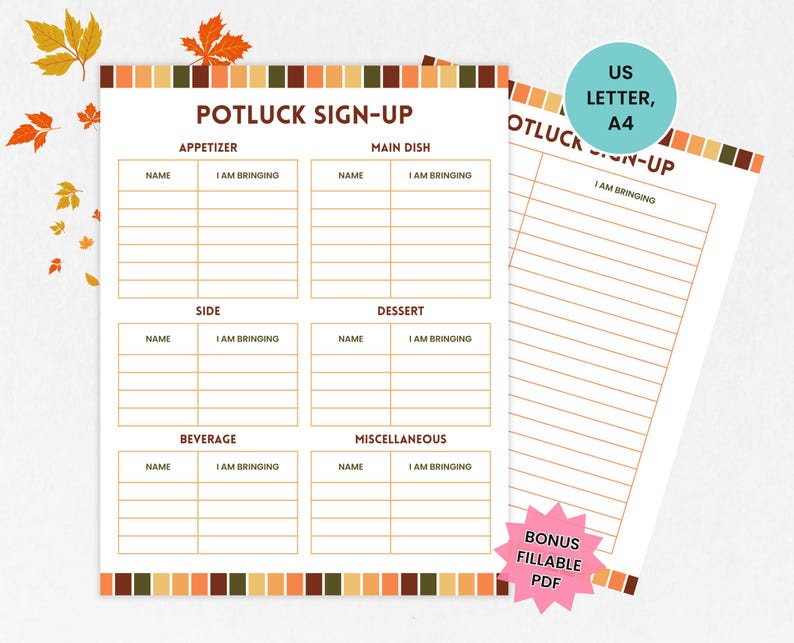 Potluck Sign up Sheet Fillable, Office Potluck Party Printable, Fall ...