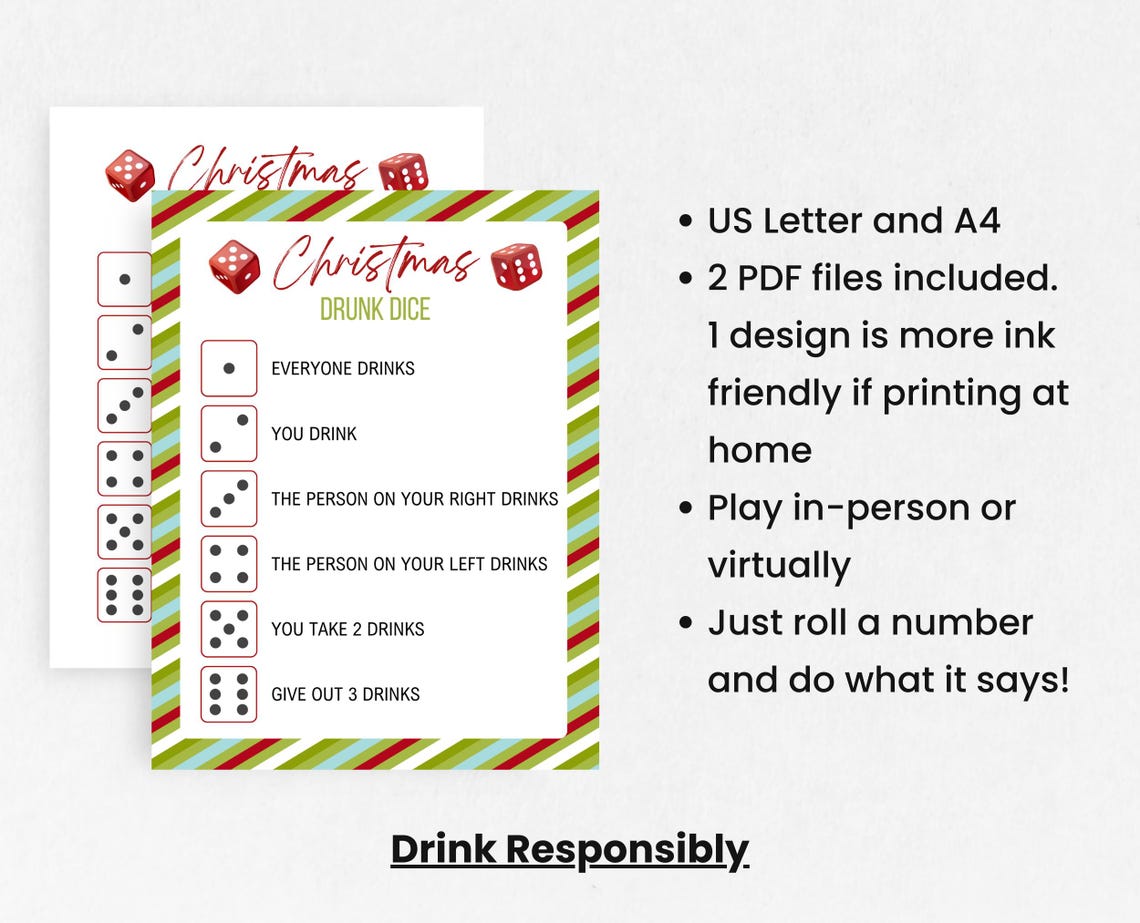 Drunk Dice Game Printable, Christmas Dice Game, Party Drinking Game ...