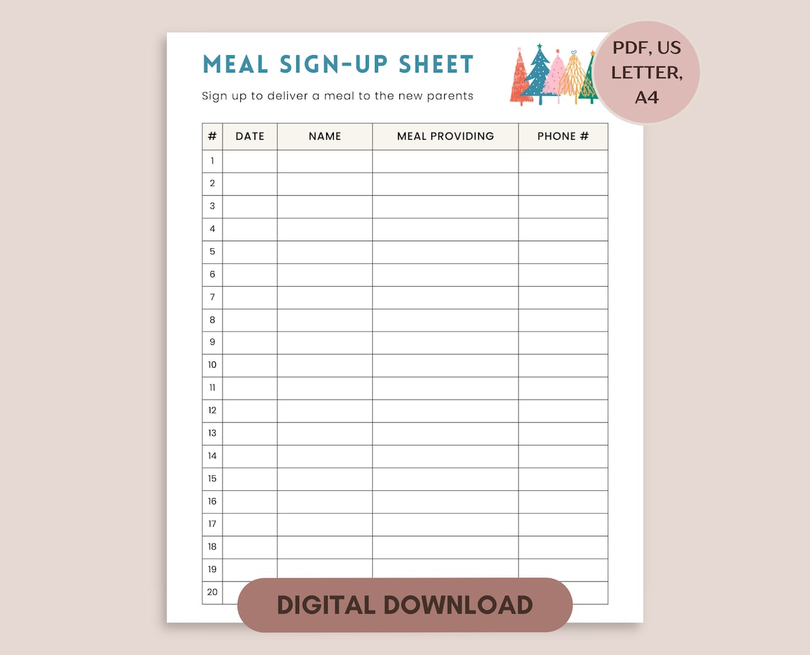 Meal Sign up Sheet, Winter Meal Train Signup Sheet Printable, Food ...