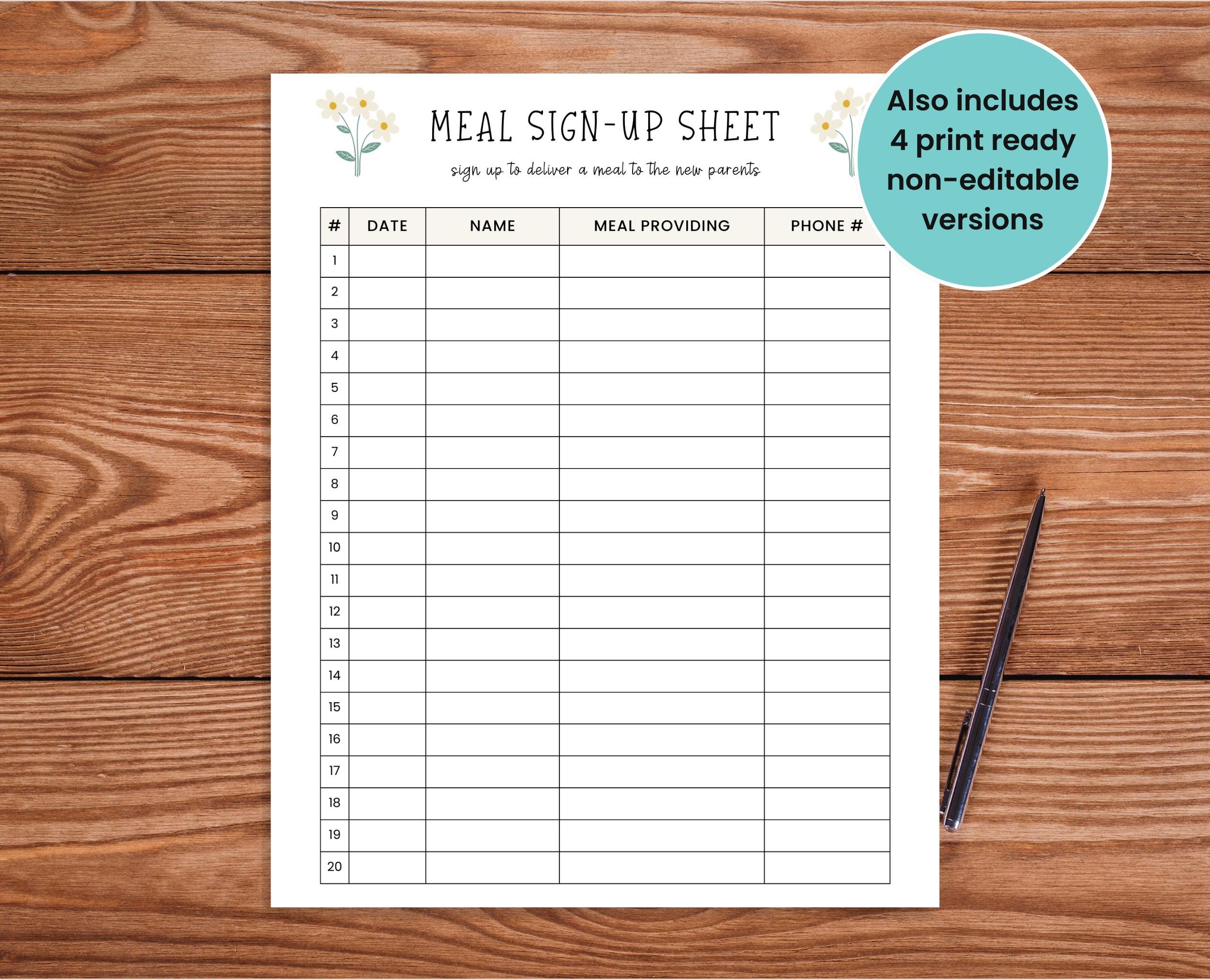 Editable Meal Sign up Sheet, Meal Train Signup Sheet Printable ...