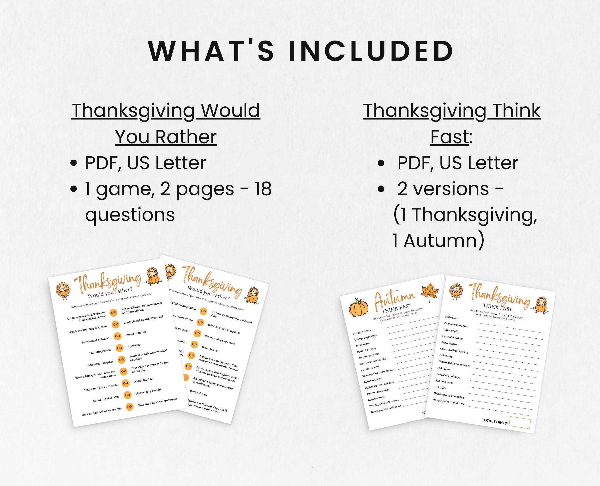 Thanksgiving Game Bundle, Thanksgiving Would You Rather, Thanksgiving ...