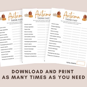 Thanksgiving Think Fast Game, Printable Thanksgiving Fun Party Activity ...