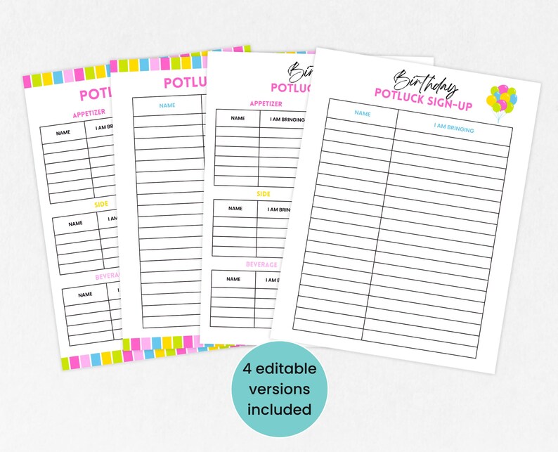 Editable Potluck Sign up Sheet, Birthday Party Potluck, Potluck Party ...