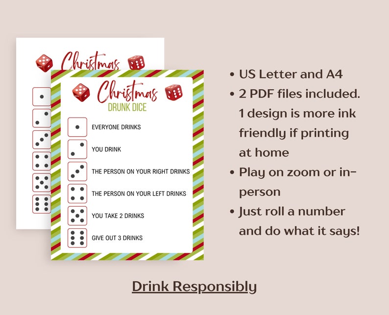 Drunk Dice Game Printable, Christmas Dice Game, Party Drinking Game ...