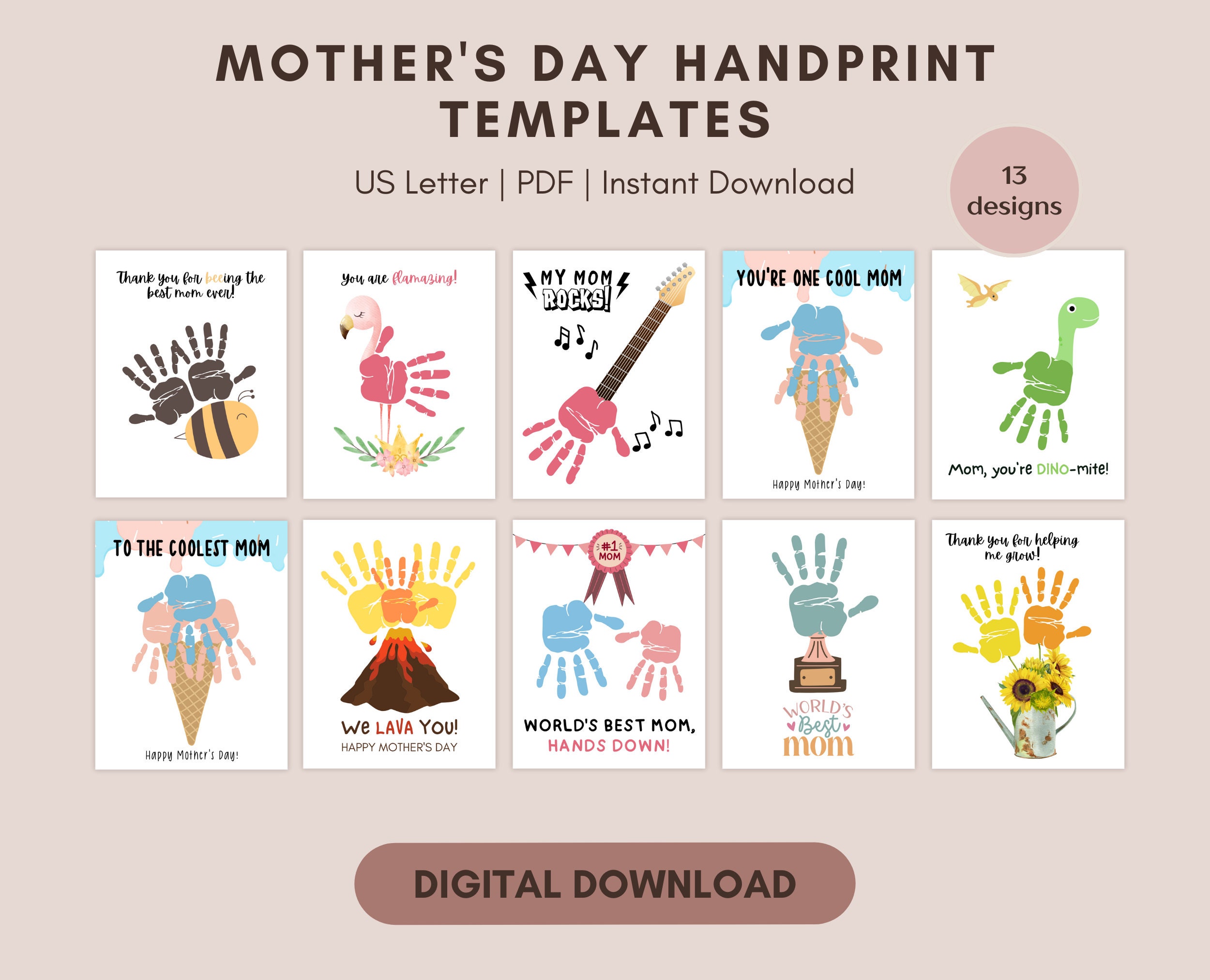 Handprint Templates for Mom, Mom Handprint Art, Mother's Day Handprint ...