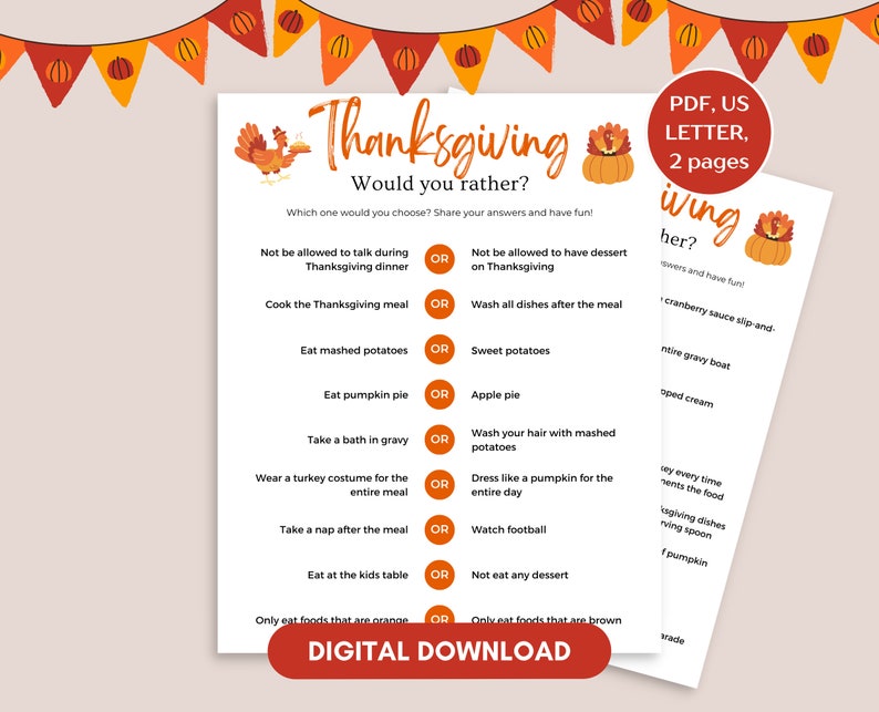 Thanksgiving Would You Rather, Activities for Kids Printable ...