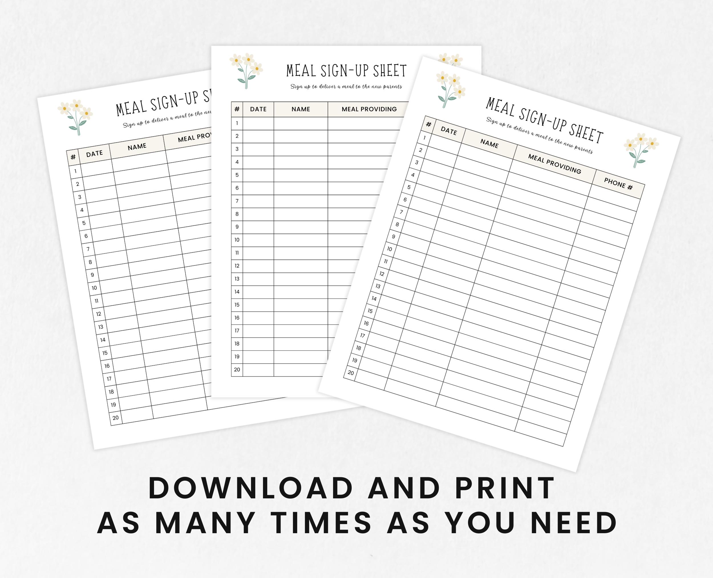 Editable Meal Sign up Sheet, Meal Train Signup Sheet Printable ...
