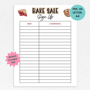 Bake Sale Sign up Sheet, Bake Sale Fundraiser Printable, School Bake ...