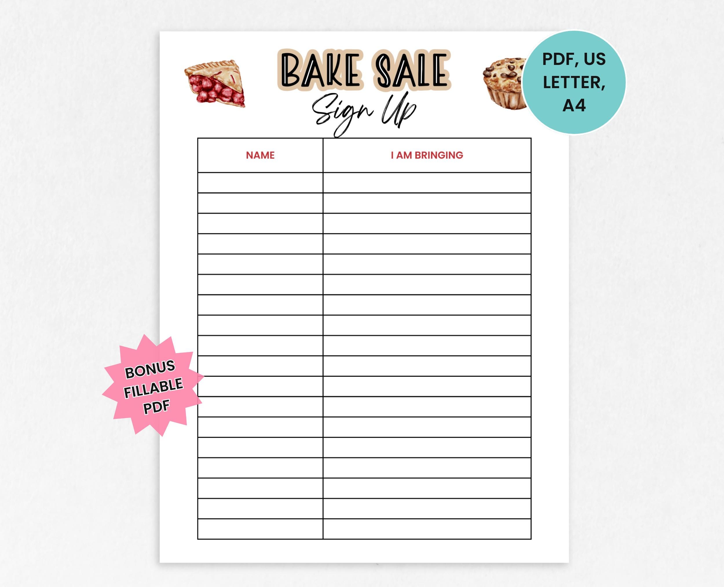 Bake Sale Sign up Sheet, Bake Sale Fundraiser Printable, School Bake ...