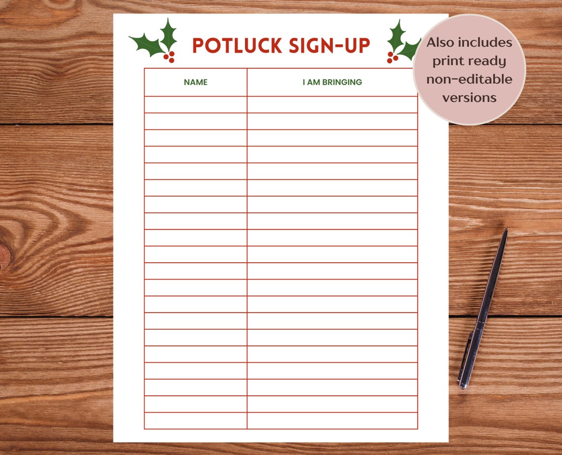 Editable Christmas Potluck Sign up Sheet, Office Potluck Party ...
