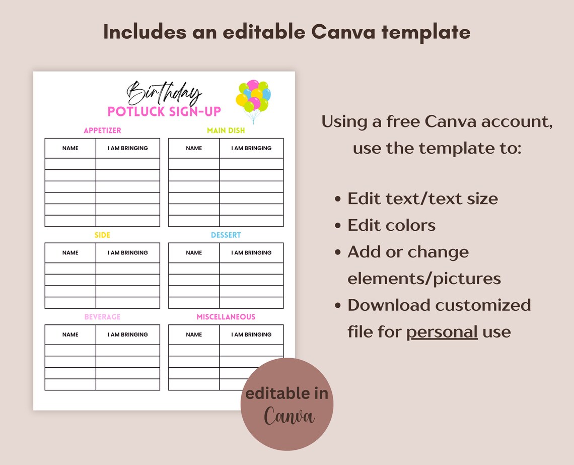 Editable Potluck Sign up Sheet, Birthday Party Potluck, Potluck Party ...