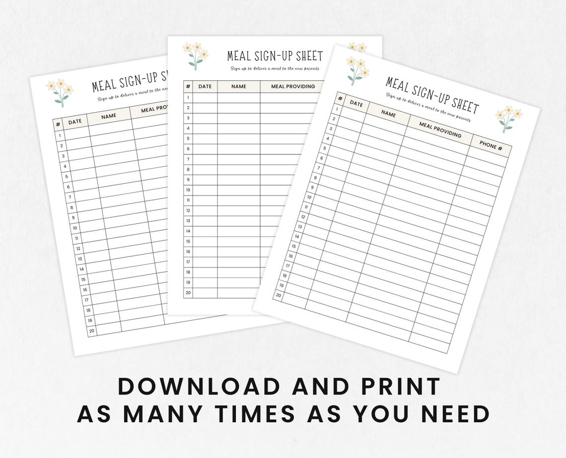 Meal Sign up Sheet, Meal Train Signup Sheet Printable, New Parents Food ...