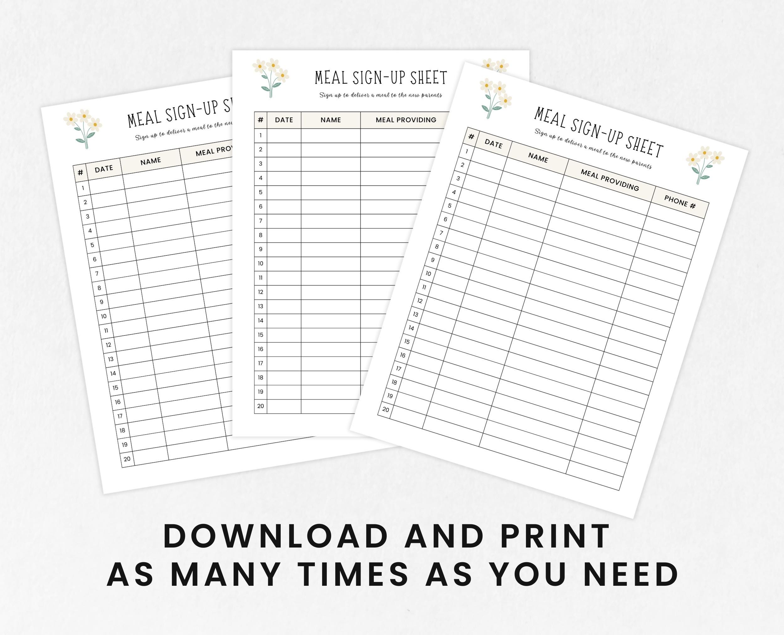 Meal Sign up Sheet, Meal Train Signup Sheet Printable, New Parents Food ...