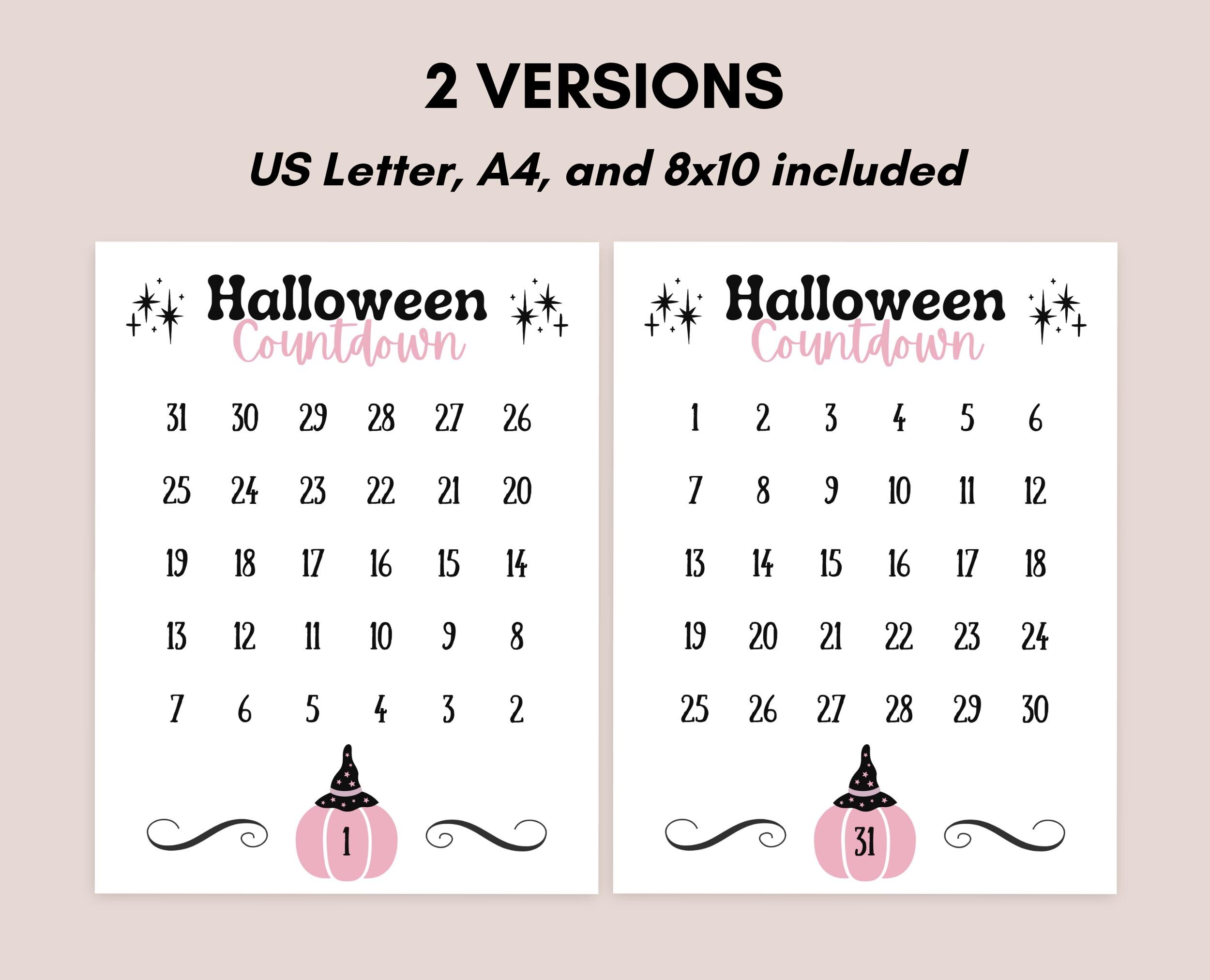 Halloween Countdown Calendar Printable, Pink Halloween Countdown ...