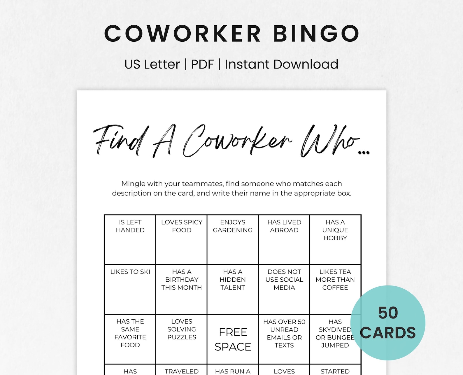 Coworker Bingo, Work Bingo, Office Bingo Printable, Bingo Game for ...