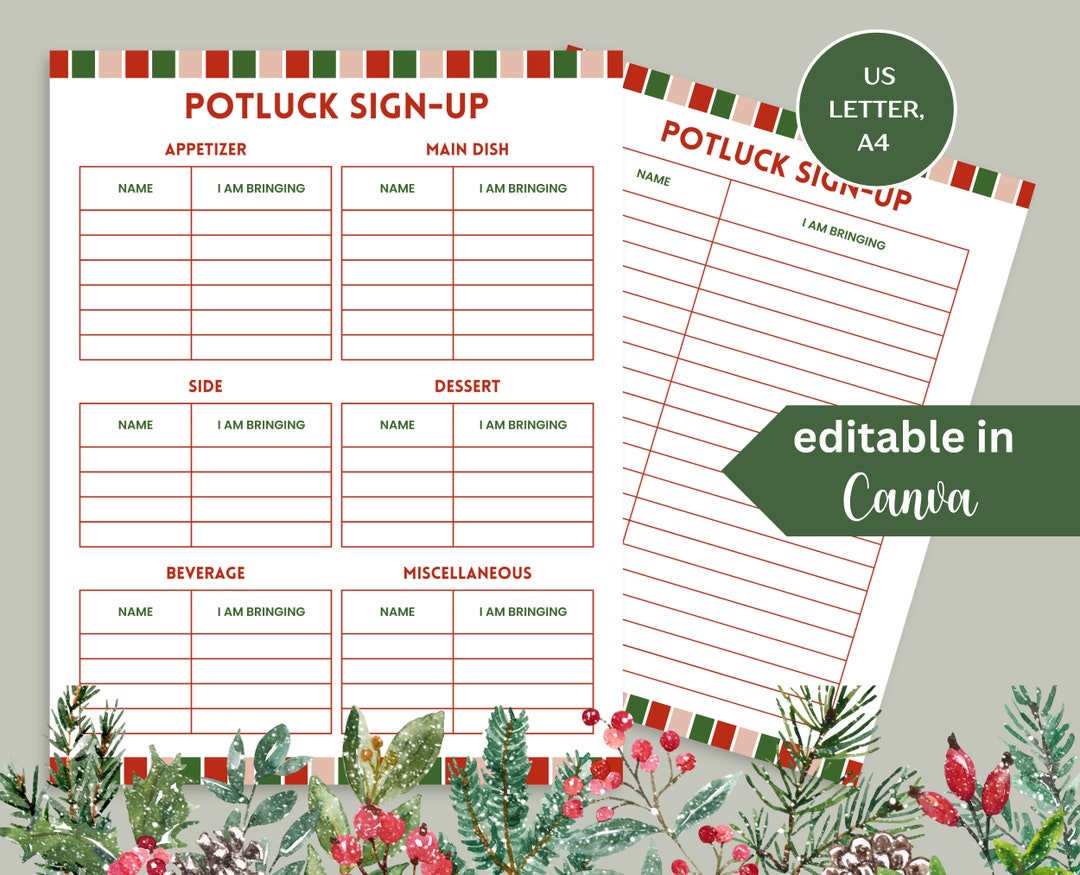 Editable Christmas Potluck Sign up Sheet, Office Potluck Party ...