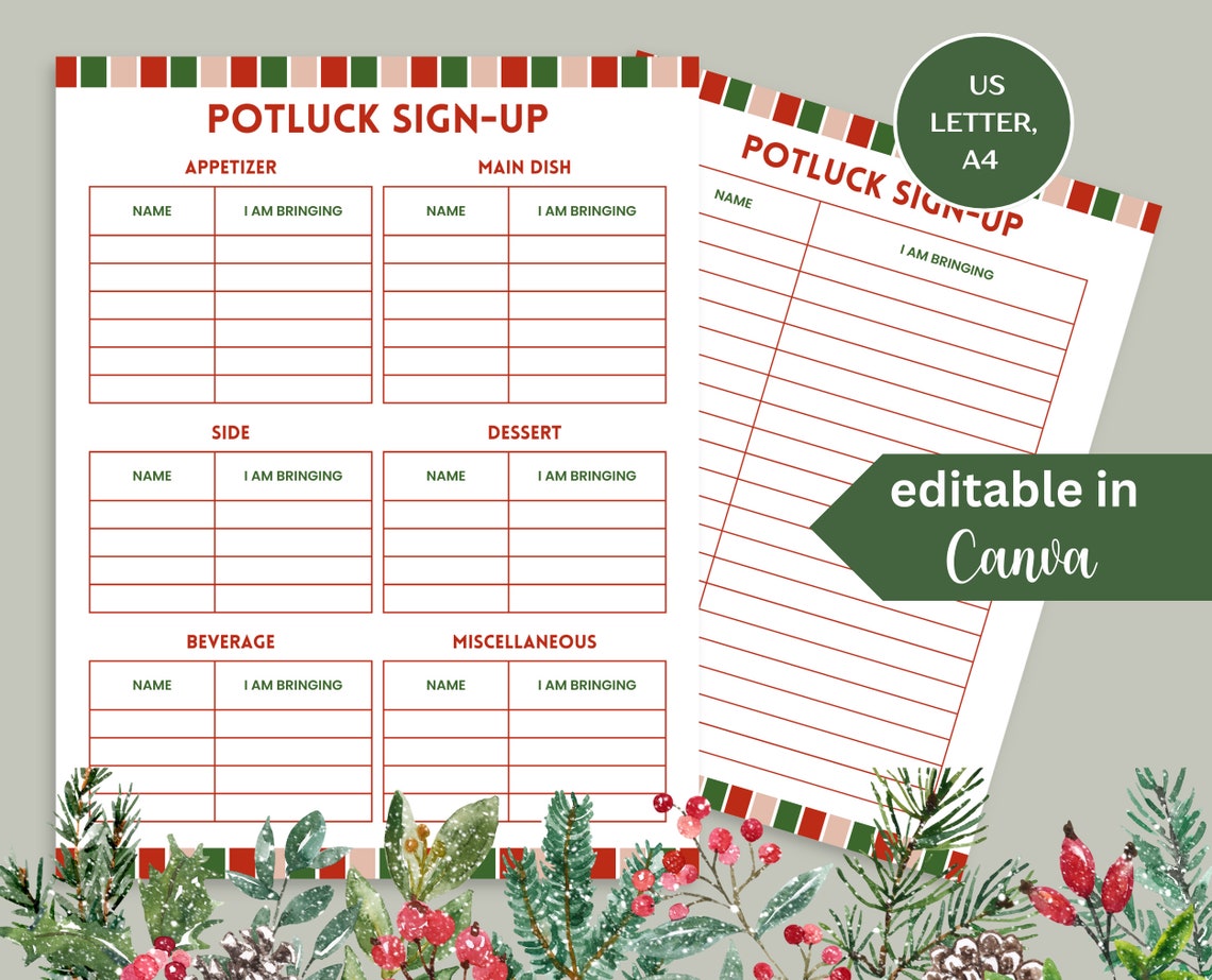 Editable Christmas Potluck Sign up Sheet, Office Potluck Party ...